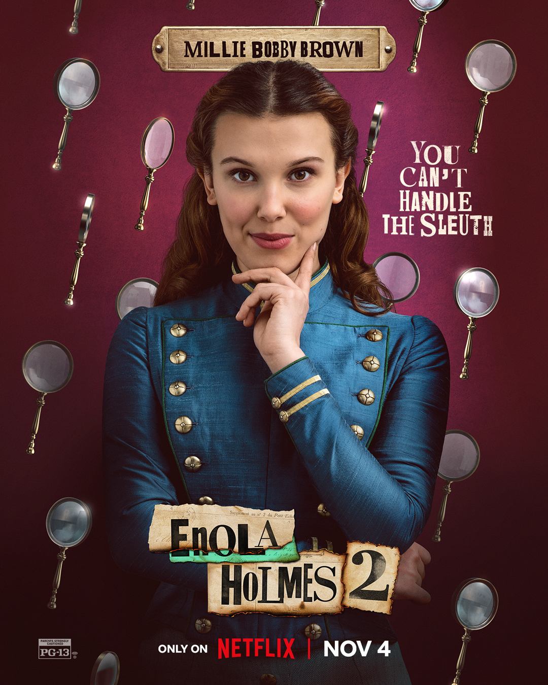 Enola Holmes 2 - bohaterowie filmu na plakatach promujących produkcję Netflixa